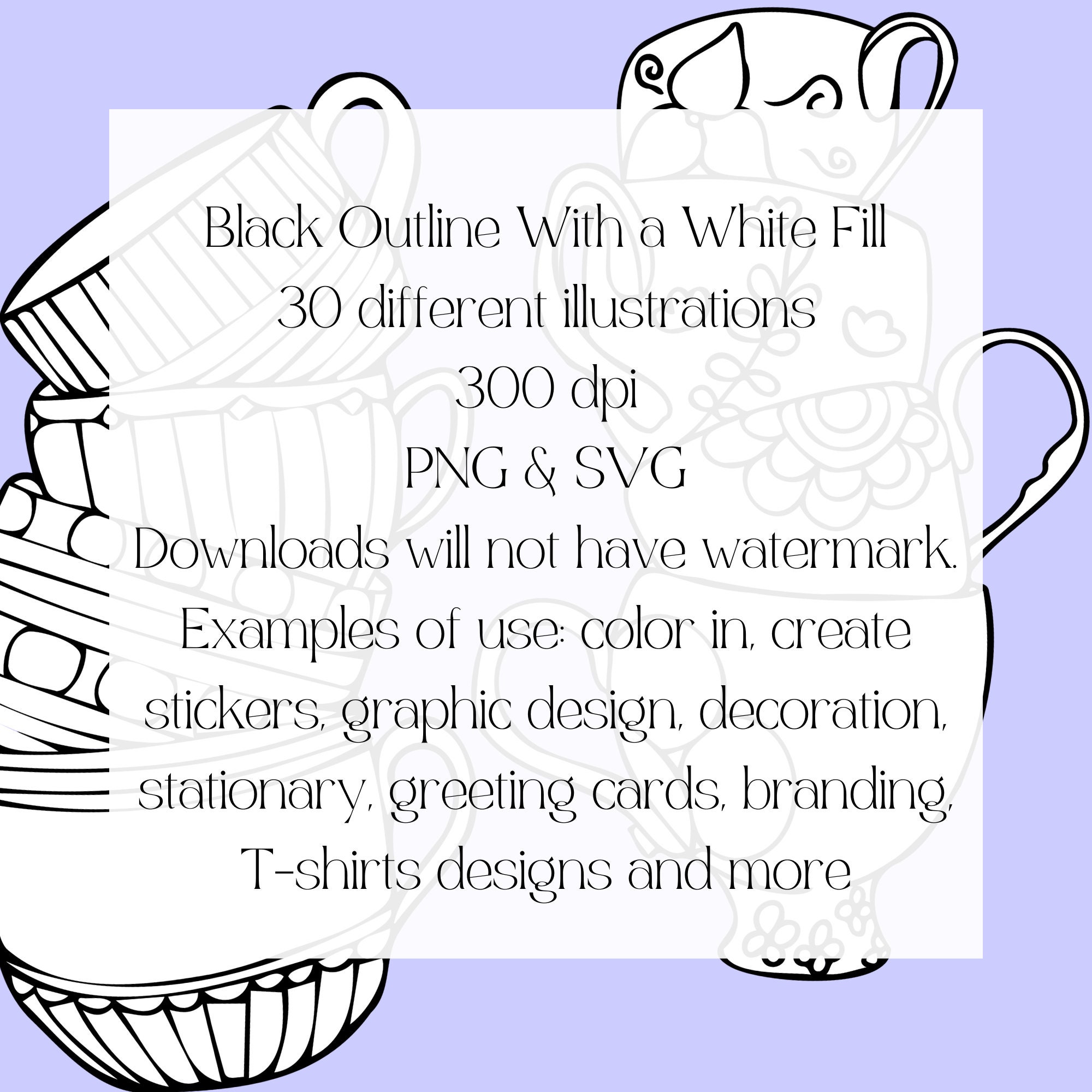 Tea Set SVG Clipart Set, Tea Cup PNG, Digital Stamp, Image Files, Line ...