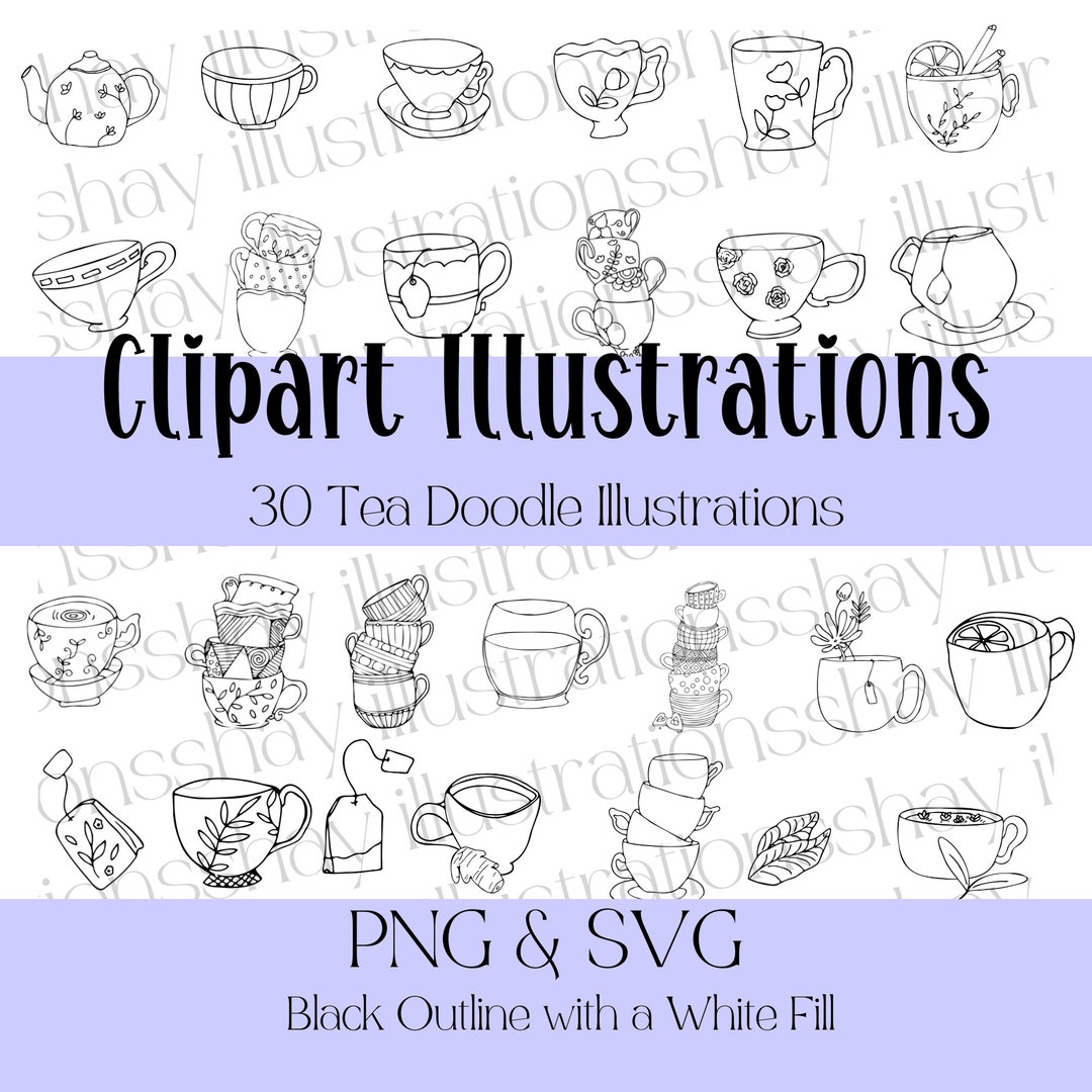 Tea Set SVG Clipart Set, Tea Cup PNG, Digital Stamp, Image Files, Line ...