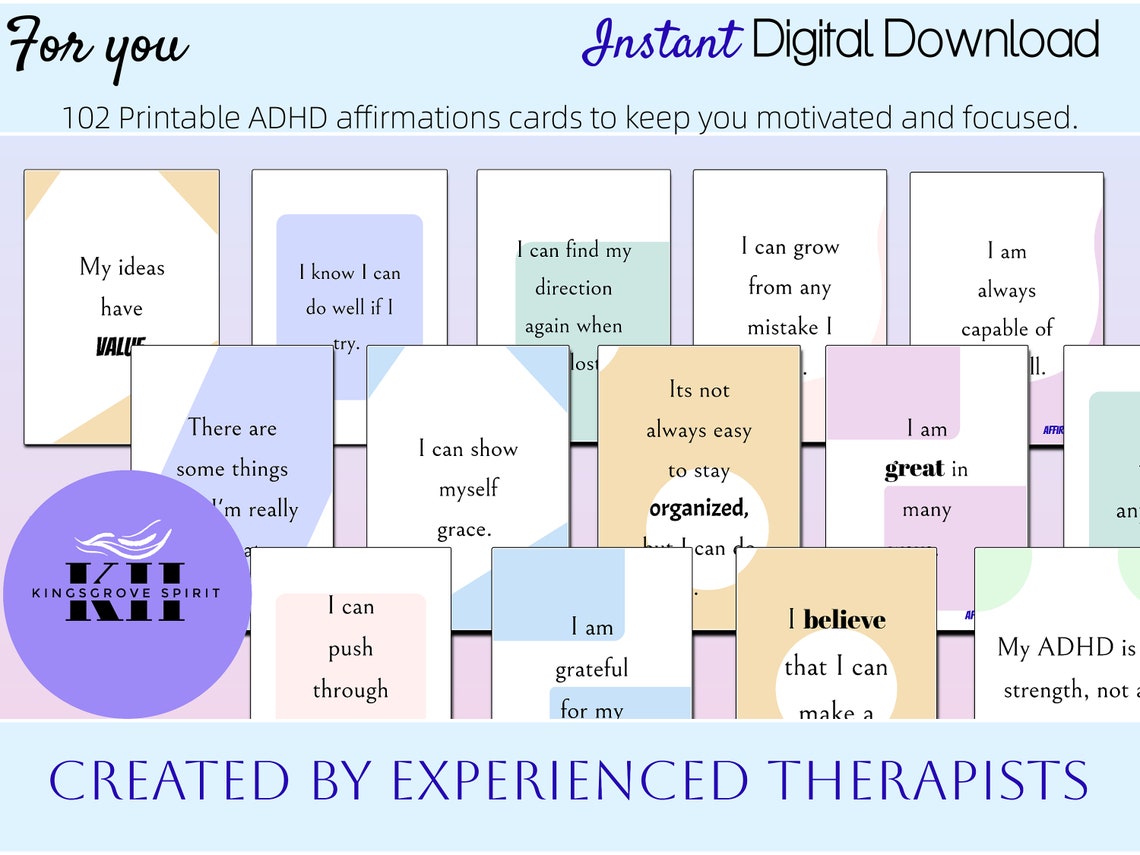ADHD Help Printable Positive Affirmation Cards Self Care Management ...