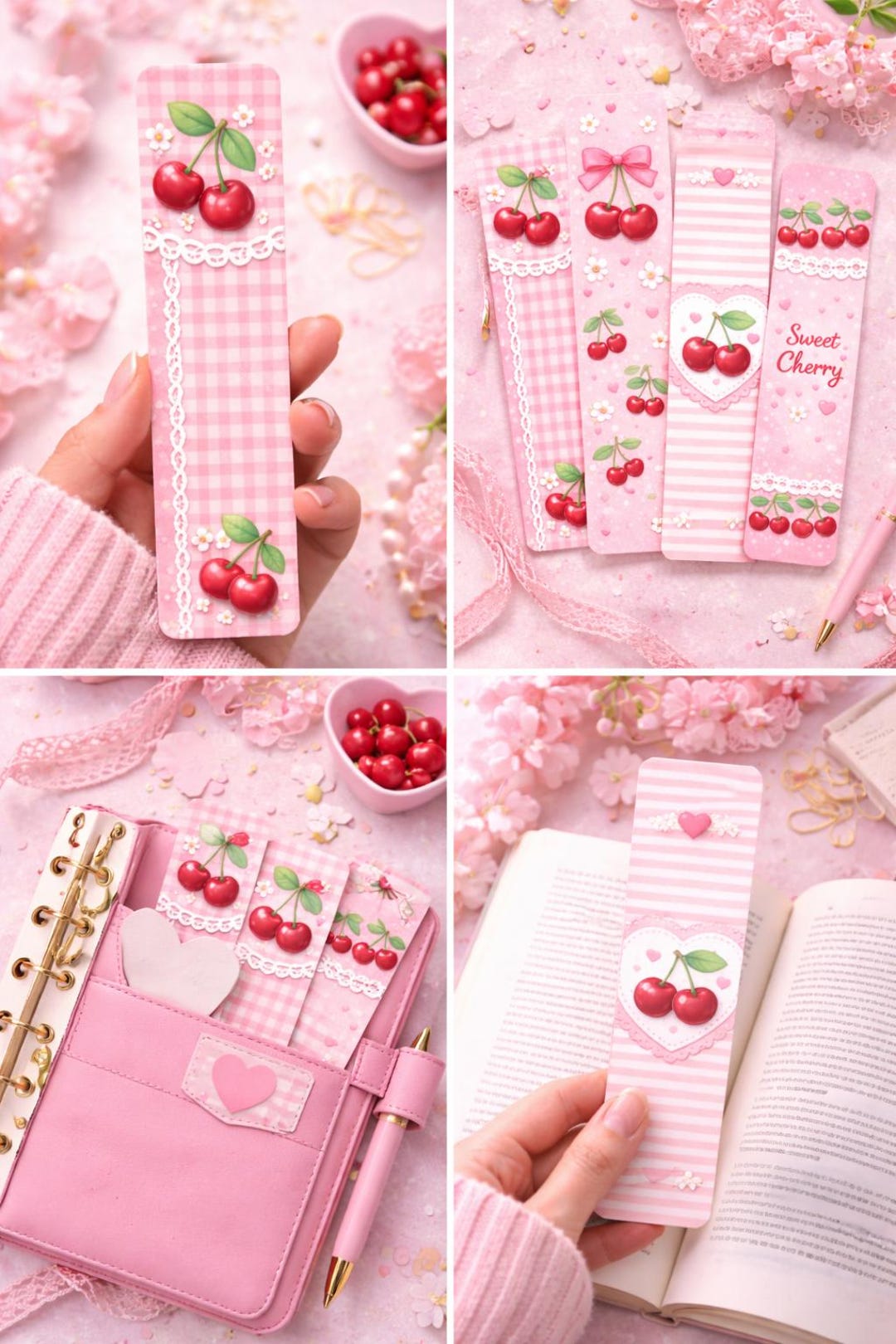 Cherry Bookmarks Set of 4 | Cute Pink Kawaii Bookmark | 2x6 Bookmark ...