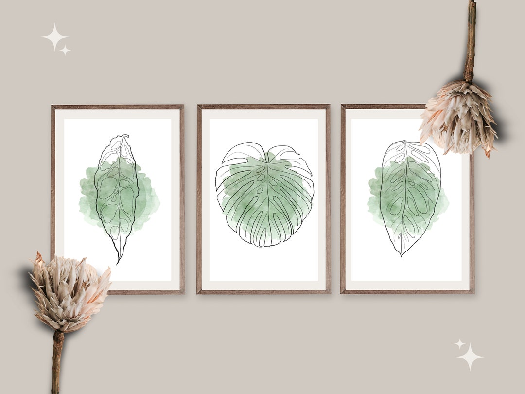 Set of 3 Monstera Printable Wall Art|foliage Line Art,monstera ...