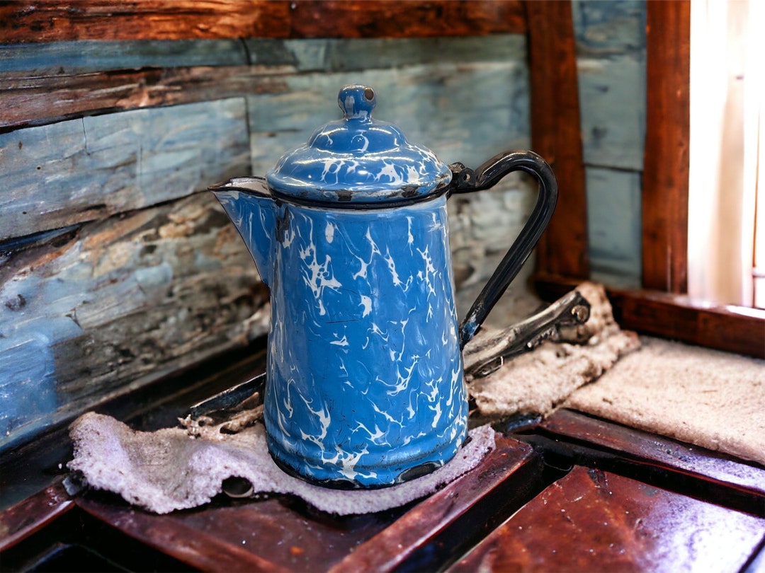 Antique 1900s Country Cowboy Western Campfire Tin Coffee Pot Metal Blue ...
