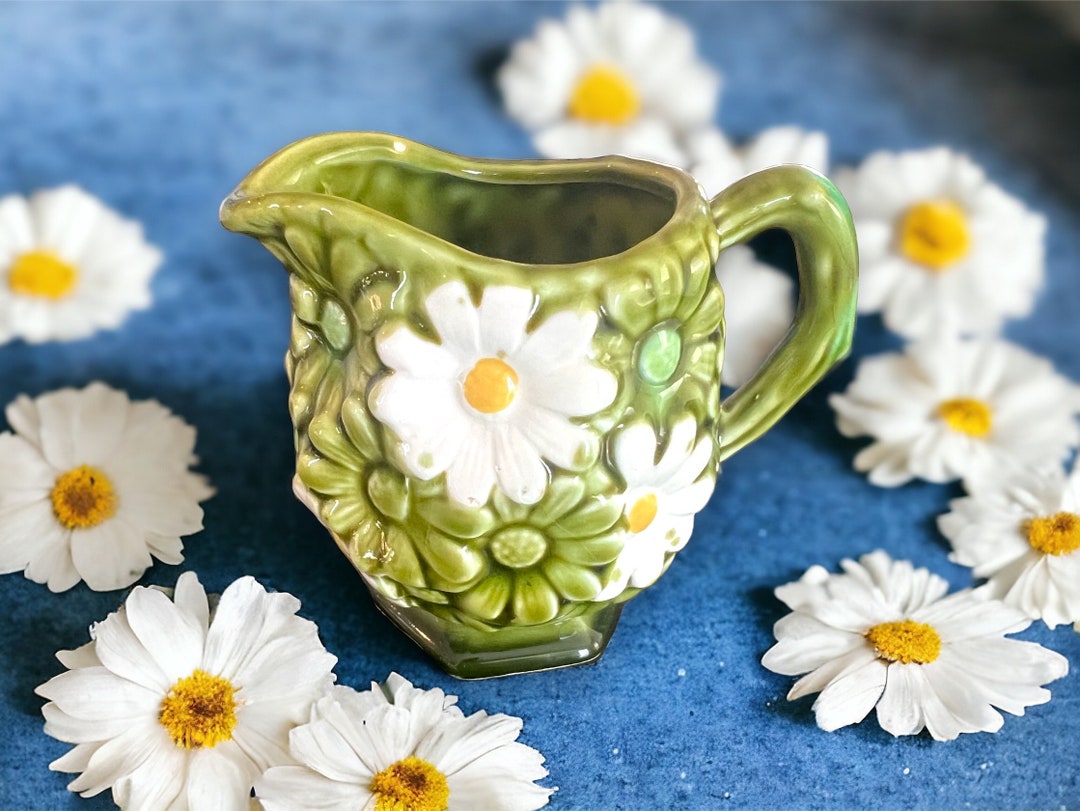 1960’s Collectible Daisy Pitcher Gift Idea Striking MCM Green and White Decor Gift 60’s ...