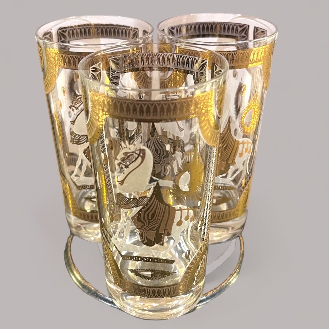 Vintage MCM 22K Gold and White Glasses Etched Glass and Ornate Gold ...