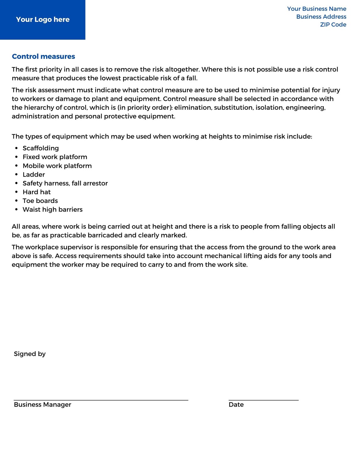 Editable Working at Heights Procedure Template, Working at Heights ...
