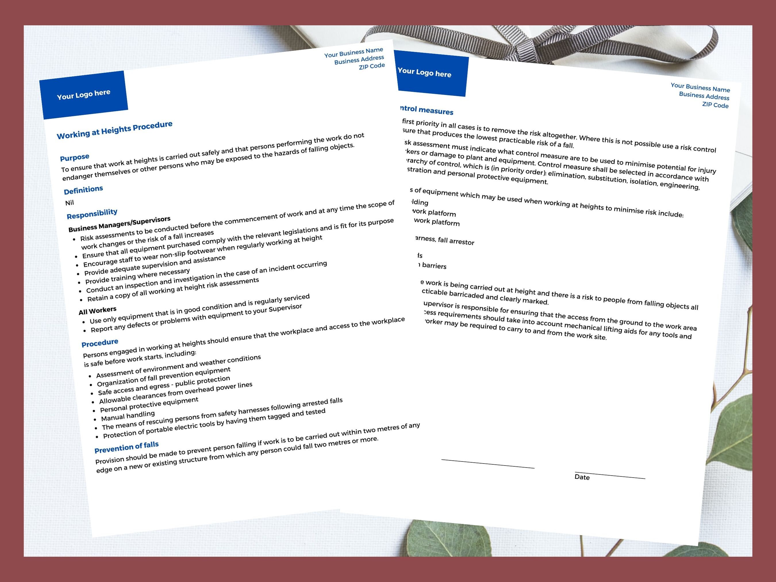 Editable Working at Heights Procedure Template, Working at Heights ...
