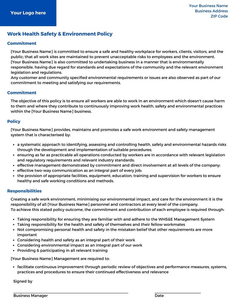 Editable Work Health Safety & Environment Policy Template | Canva ...