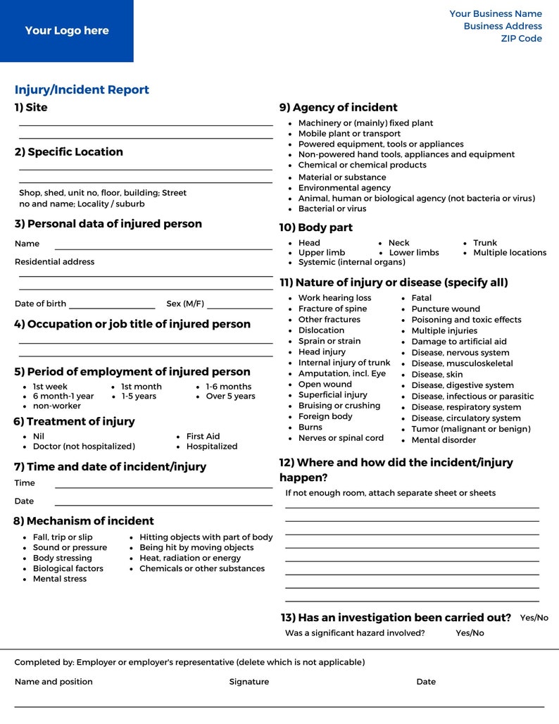 Editable Incident Injury Report Template, Canva Editable Injury Report ...