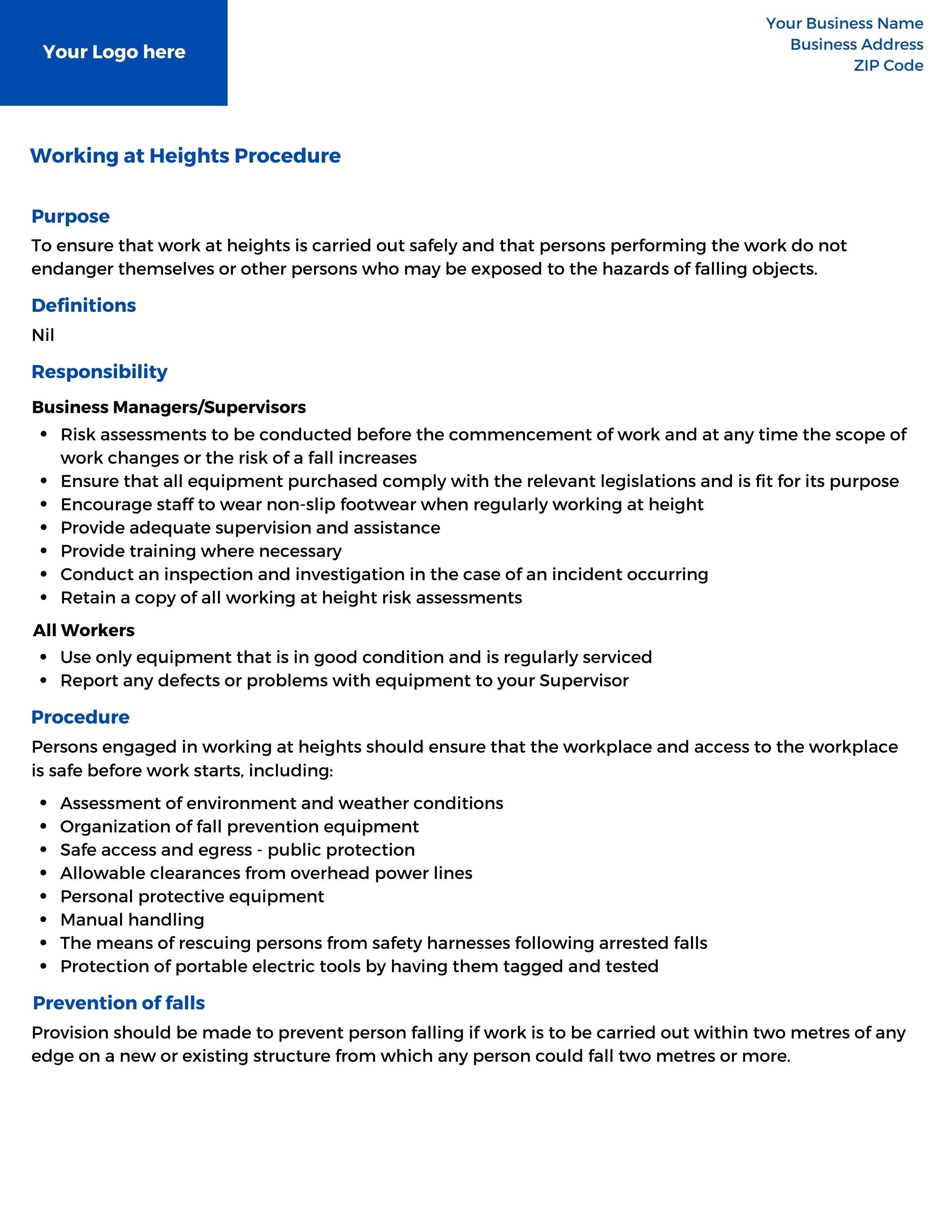 Editable Working at Heights Procedure Template, Working at Heights ...