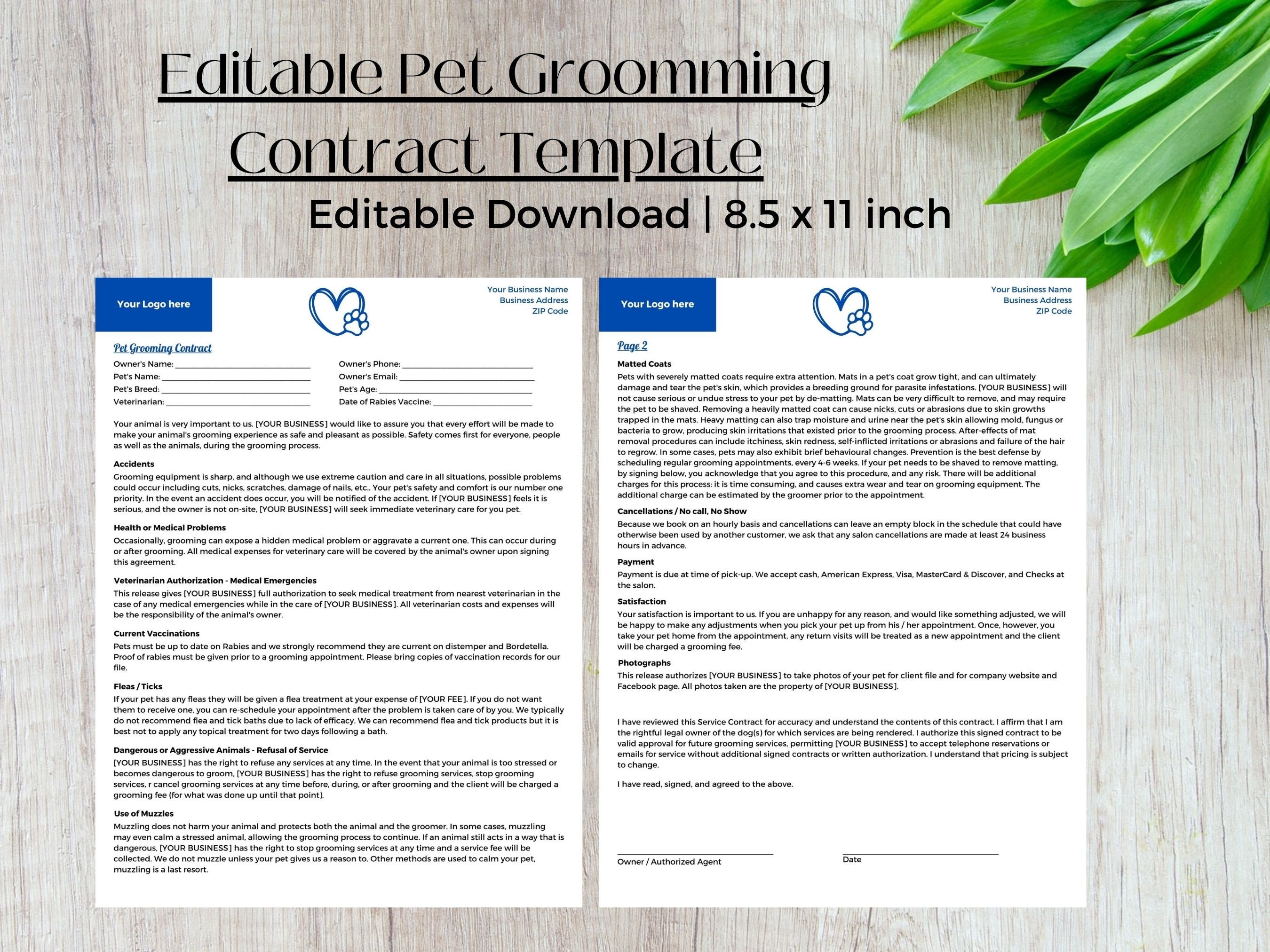Pet Grooming Contract Template | Dog Cat Salon Contract | Canva ...