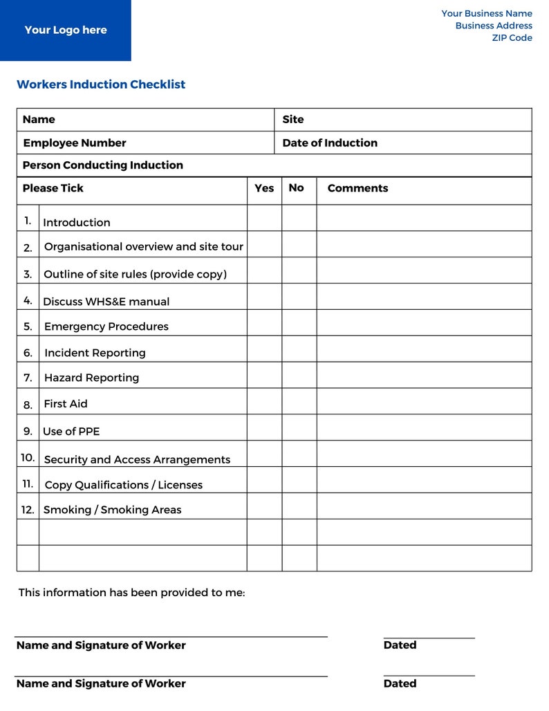 Editable Workers Induction Checklist Template, Safety Checklist ...