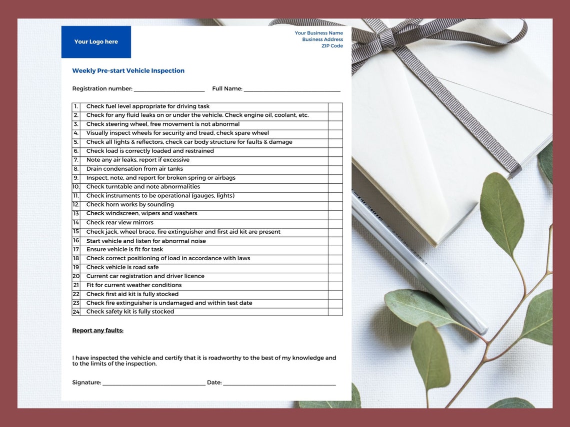 Editable Weekly Pre-start Vehicle Inspection Template | Vehicle Safety ...