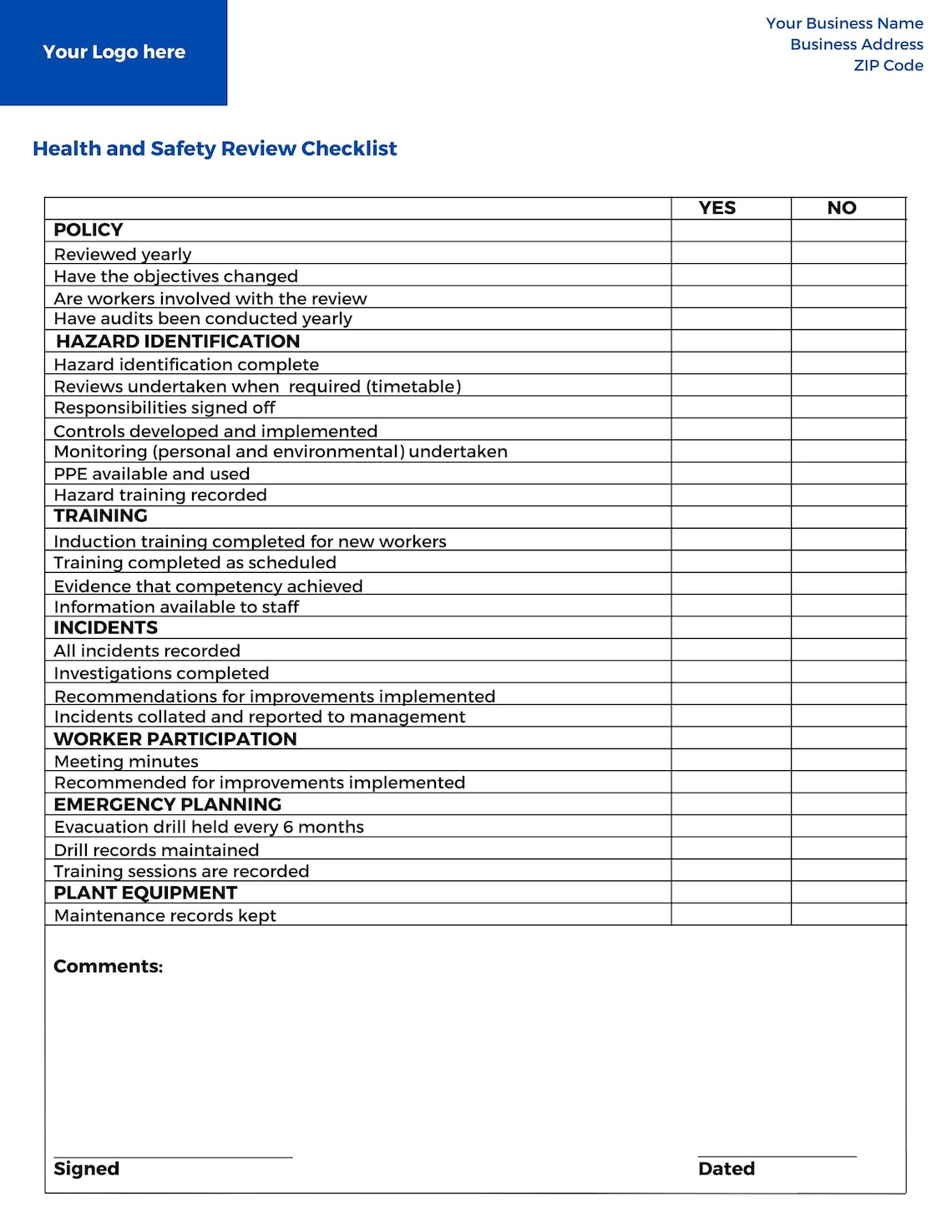 Editable Health & Safety Review Checklist Template, Safety Checklist ...