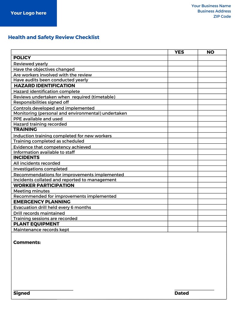 Editable Health And Safety Review Checklist Template Safety Checklist 5588