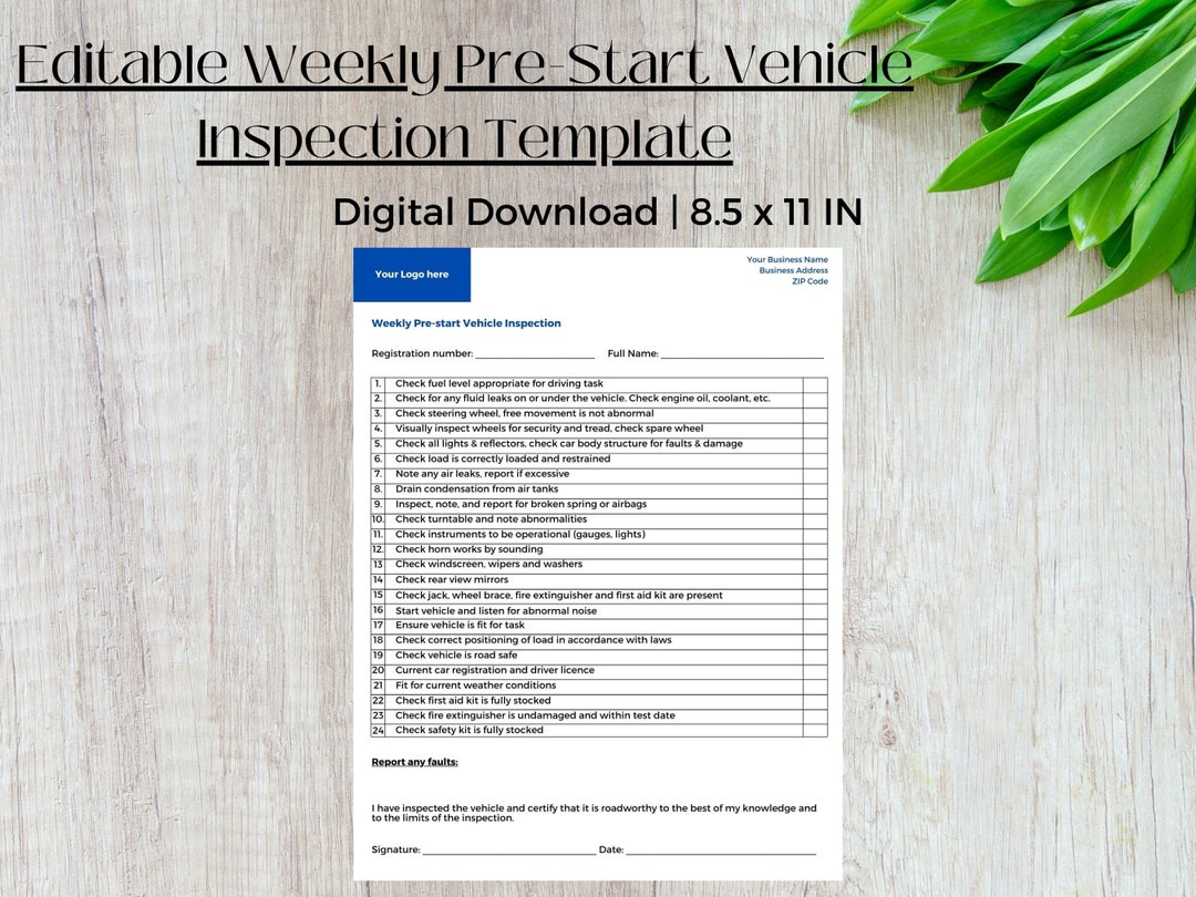 Editable Weekly Pre-start Vehicle Inspection Template | Vehicle Safety ...