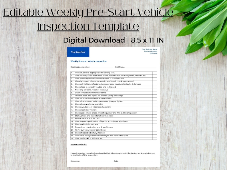 Editable Weekly Pre-start Vehicle Inspection Template | Vehicle Safety ...
