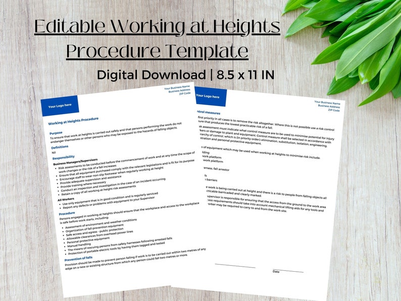 Editable Working at Heights Procedure Template, Working at Heights ...
