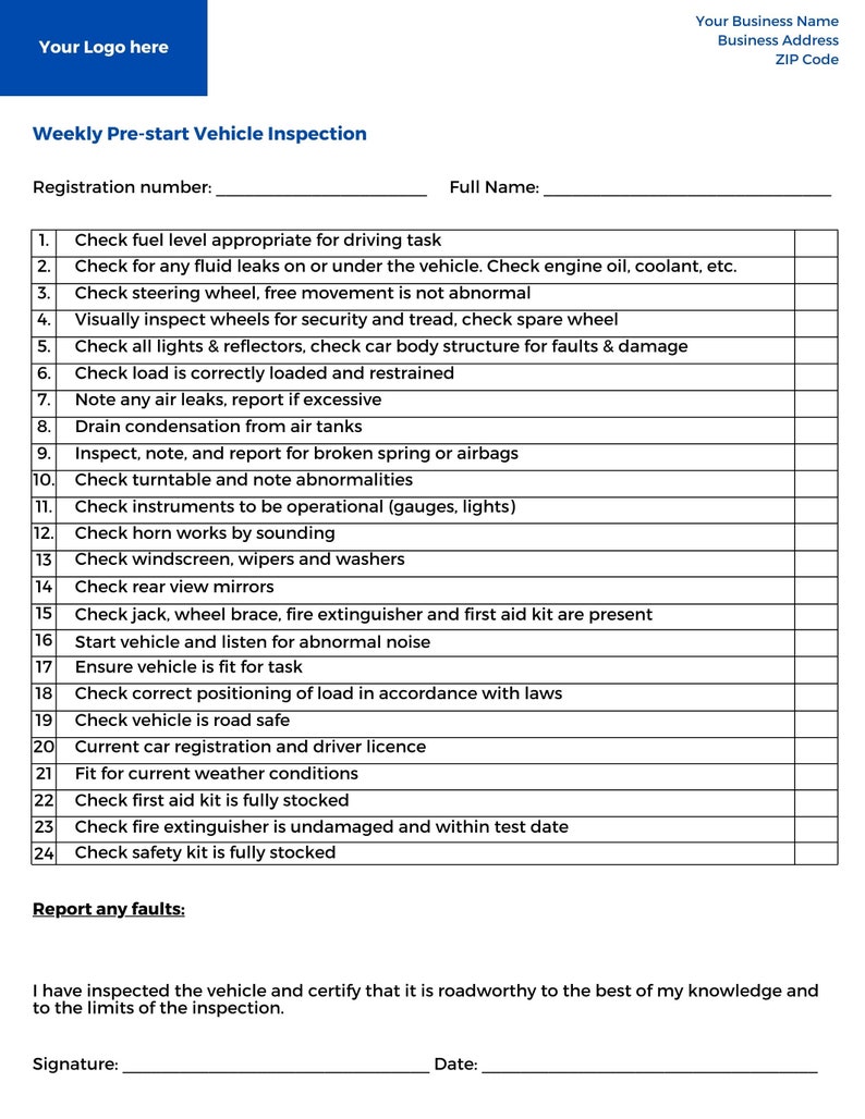 Editable Weekly Pre-start Vehicle Inspection Template | Vehicle Safety ...