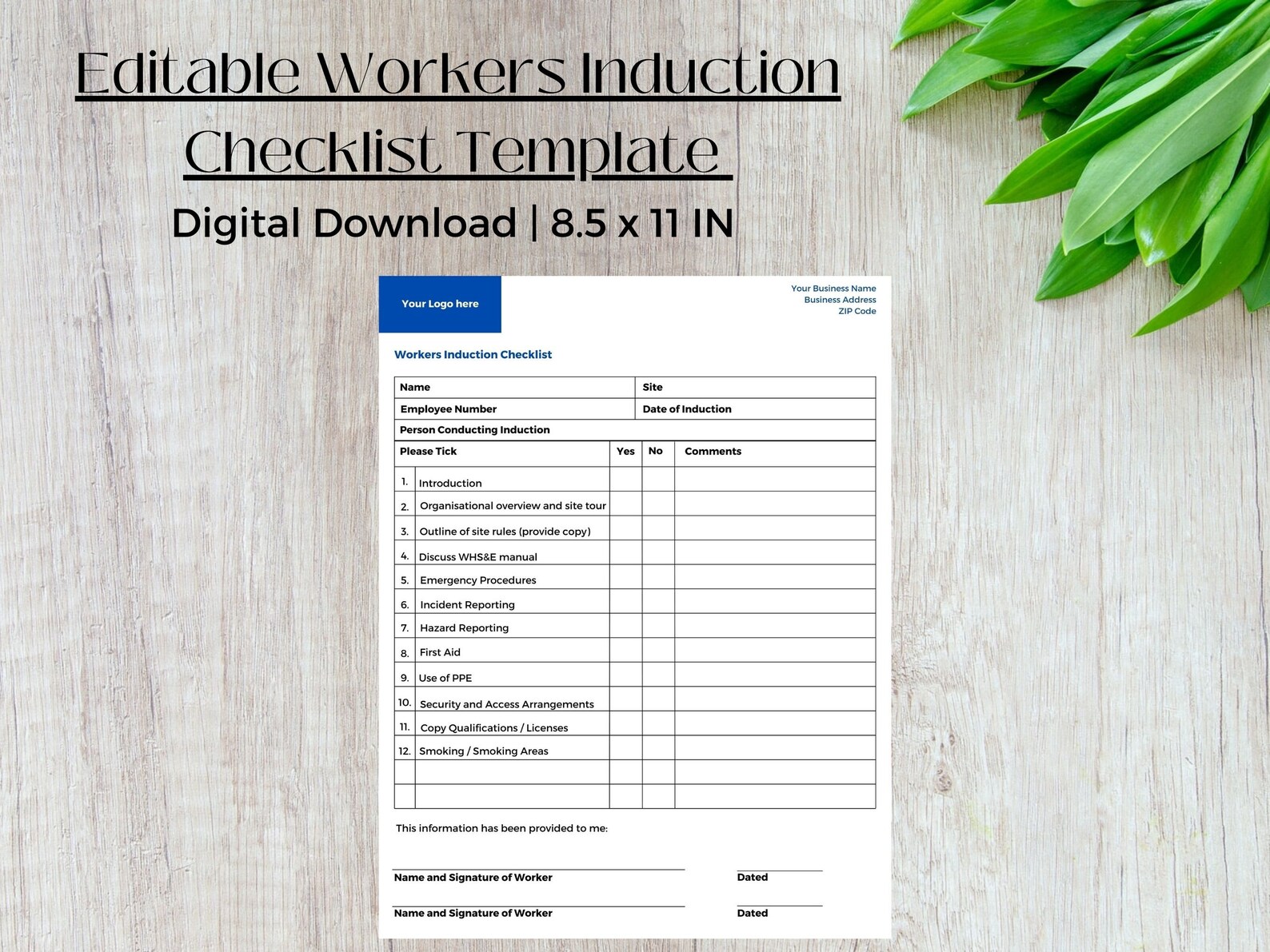 Editable Workers Induction Checklist Template, Safety Checklist ...