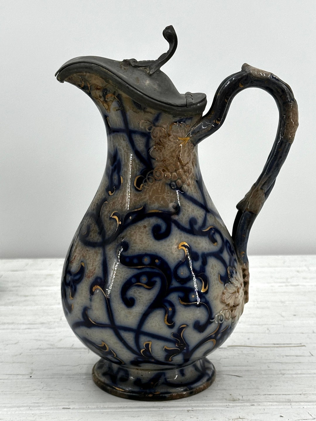 Antique Flow Blue Syrup Pitcher With Pewter Lid Stained and Crazed - Etsy