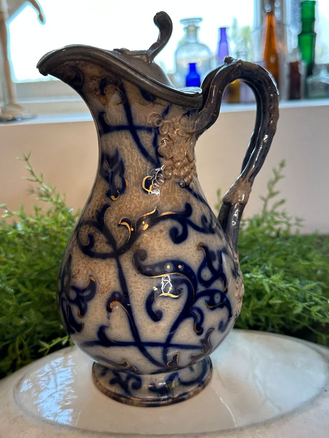 Flow Blue Syrup Pitcher With Pewter Lid Blue Bell - Etsy