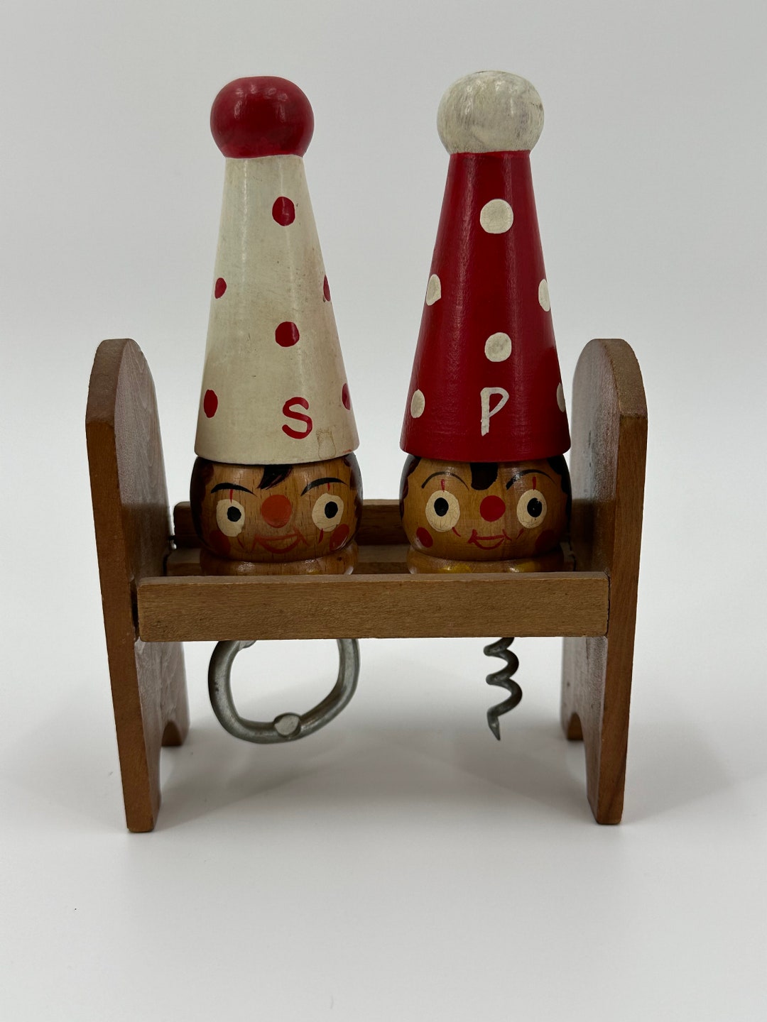 Vintage Clown Wood Salt & Pepper Shaker With Cork Screw and Bottle ... Vintage Clown Wood Salt & Pepper Shaker With Cork Screw and Bottle ...