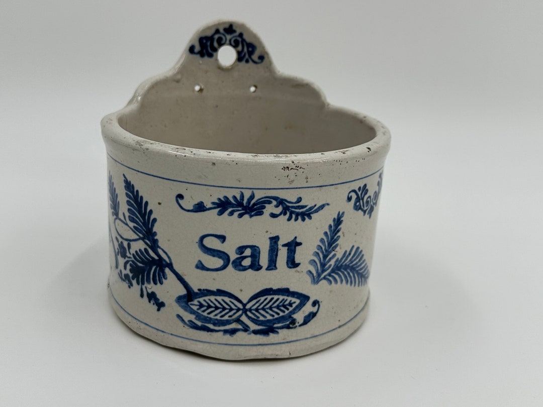 Vintage Stoneware Salt Box Blue and White - Etsy