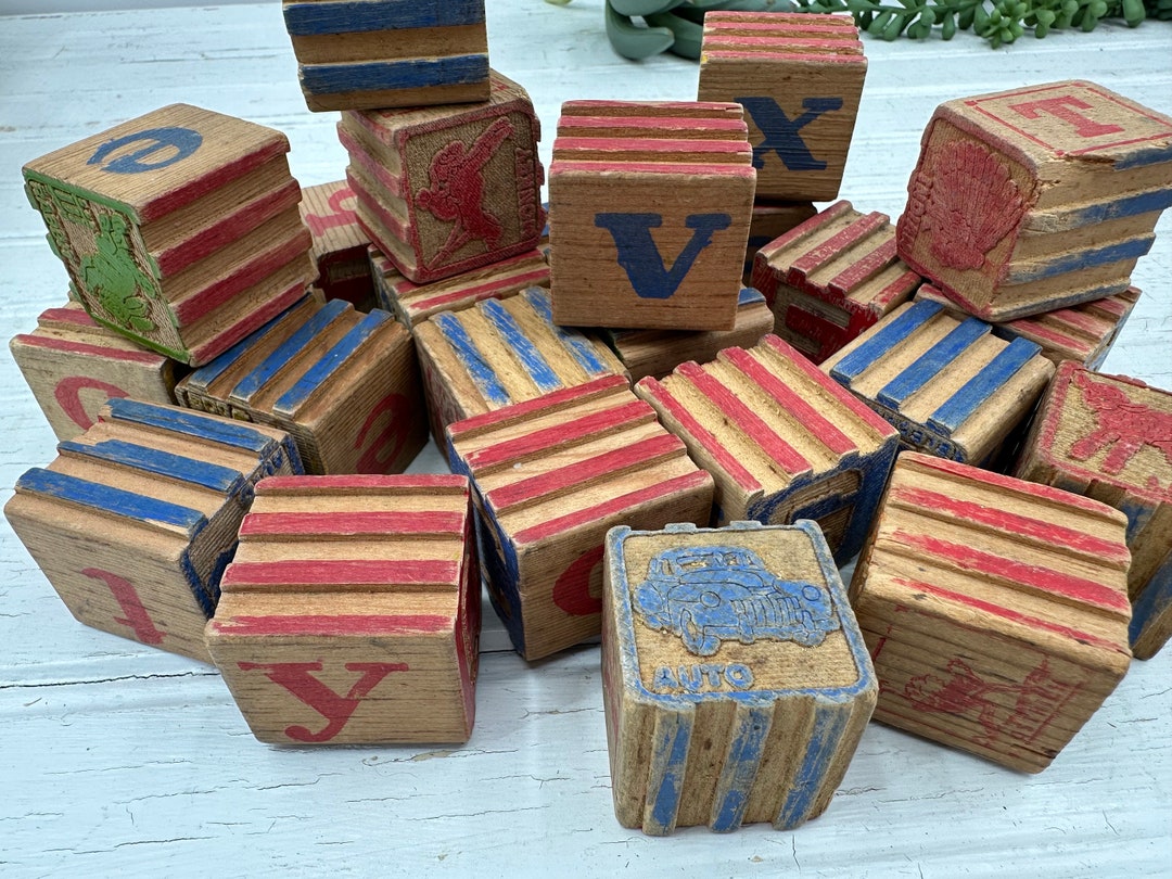 Vintage Wooden Stacking Alphabet Blocks Carved Stripes Red & Blue - Etsy