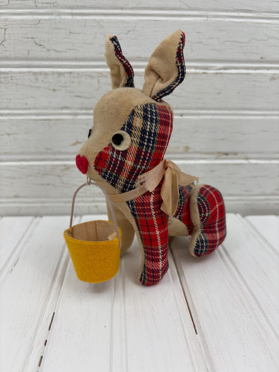 Vintage Stuffed Dog With Bucket. Red Plaid - Etsy
