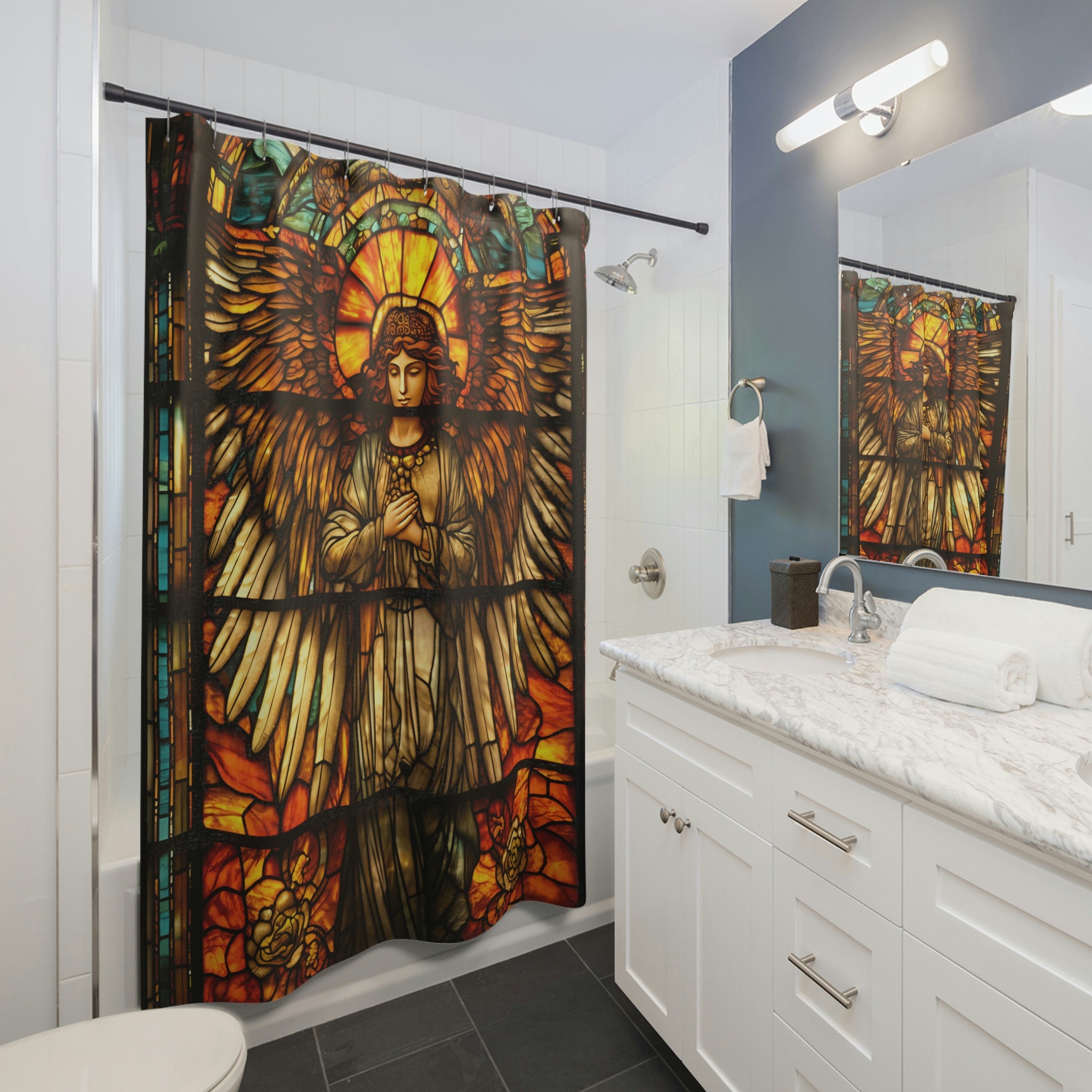 Stained Glass Angel Shower Curtain: Elegant Spiritual Fabric - Etsy