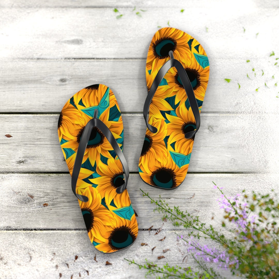 Golden Petals Sunflower Flip Flops | Sunny Floral Footwear for Summer ...