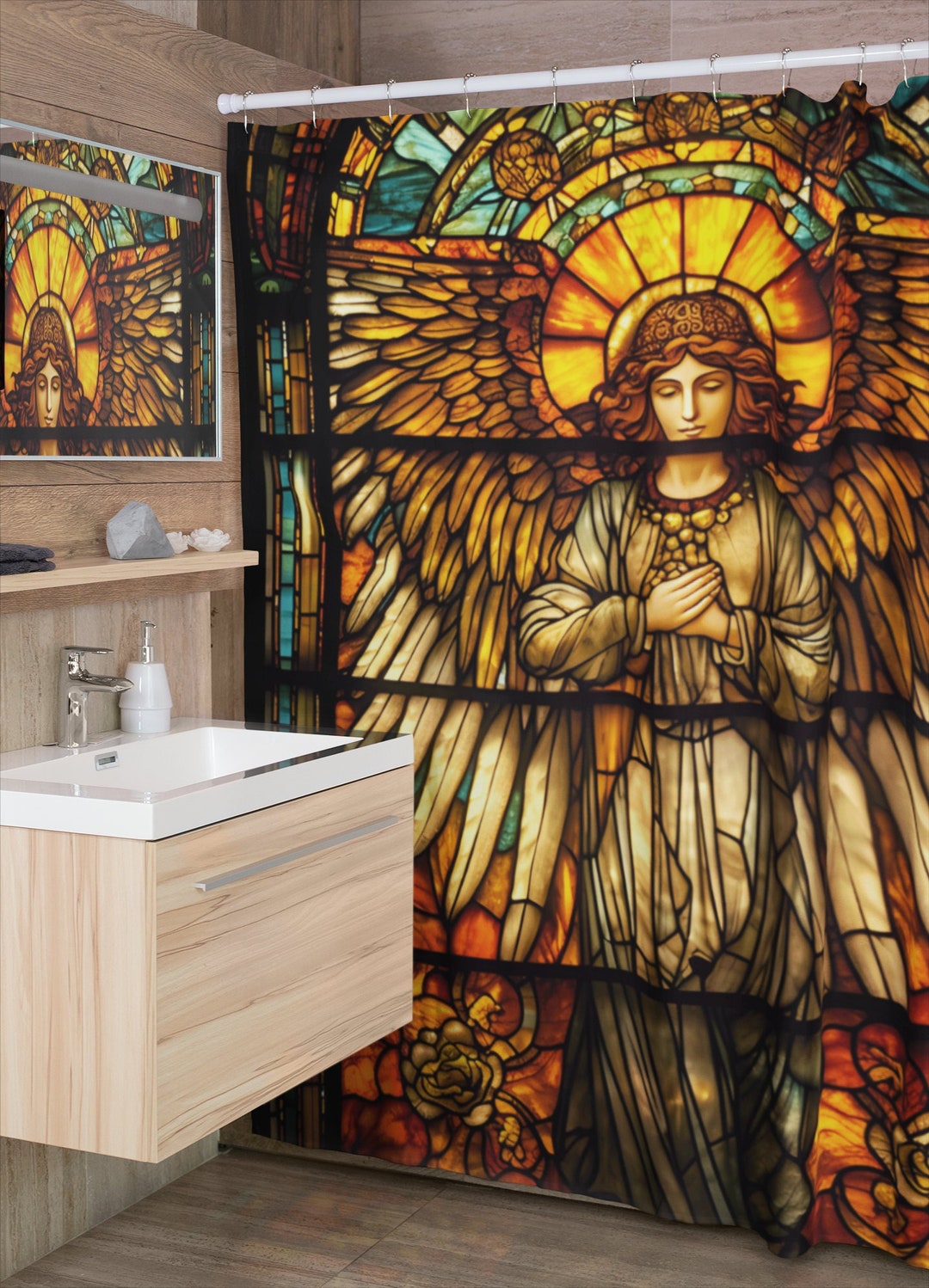 Stained Glass Angel Shower Curtain: Elegant Spiritual Fabric - Etsy