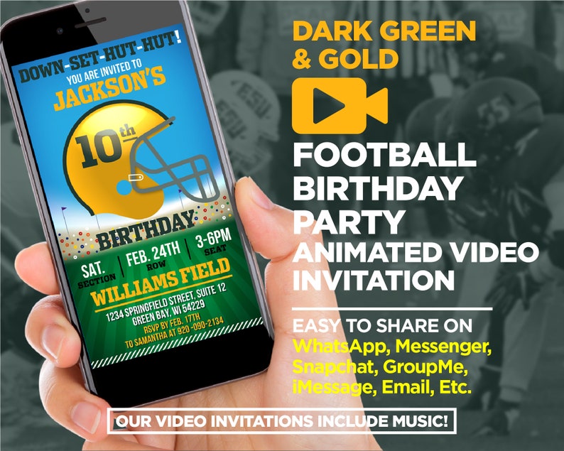 Green Bay Packers Birthday Party Animated Video Invitation Dark Green ...