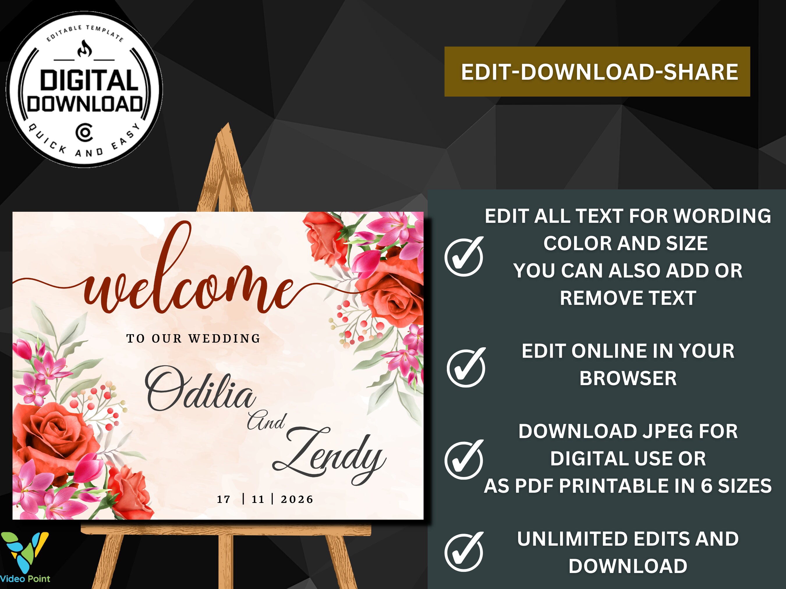 Editable Welcome Sign, Welcome Sign Template, Floral Rose Welcome Sign ...