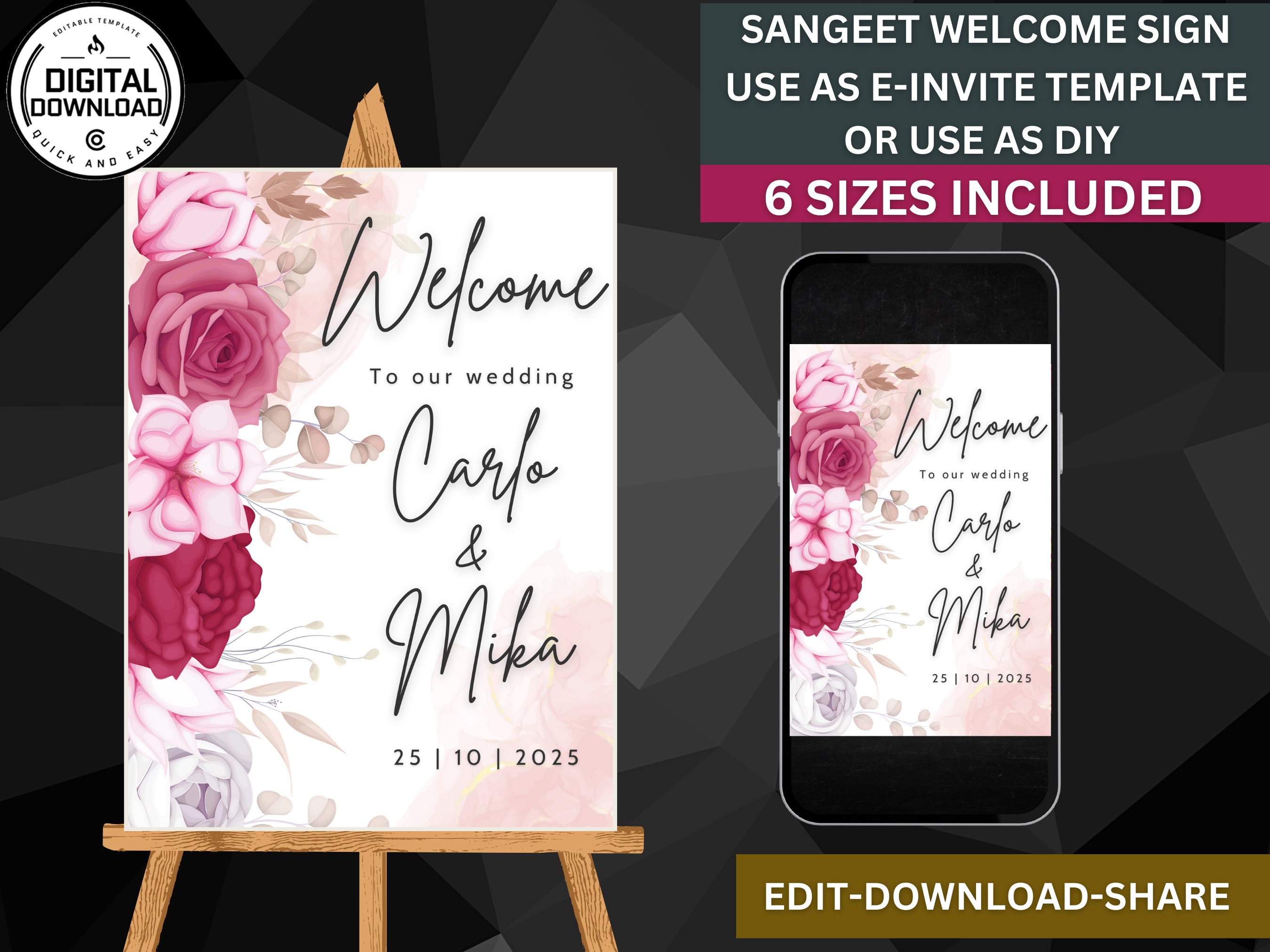 Editable Welcome Sign, Welcome Sign Template, Rose Welcome Sign, DIY ...
