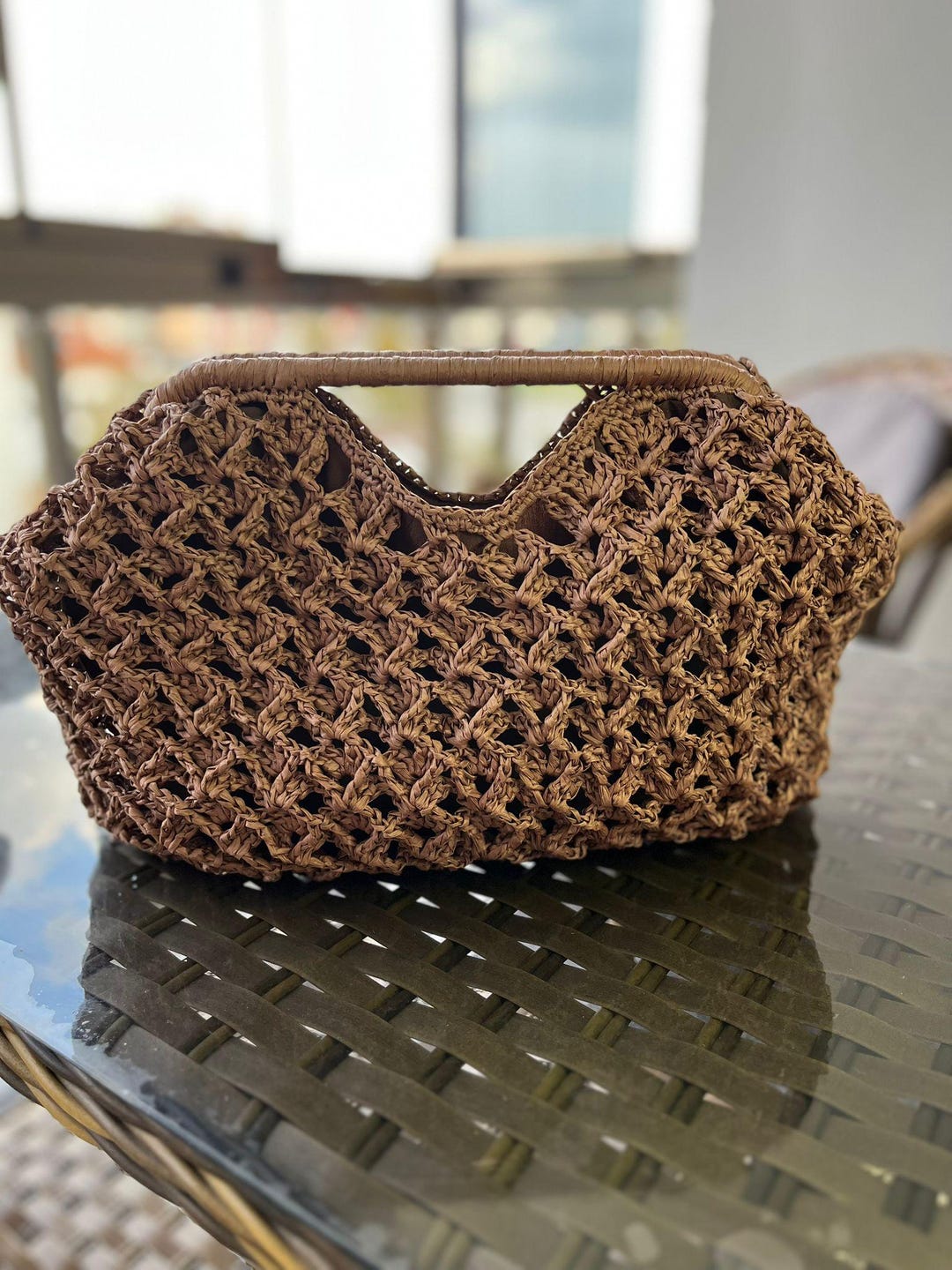 Boho Crochet Raffia Bag, Handmade Summer Tote, Brown Woven Beach Bag - Etsy