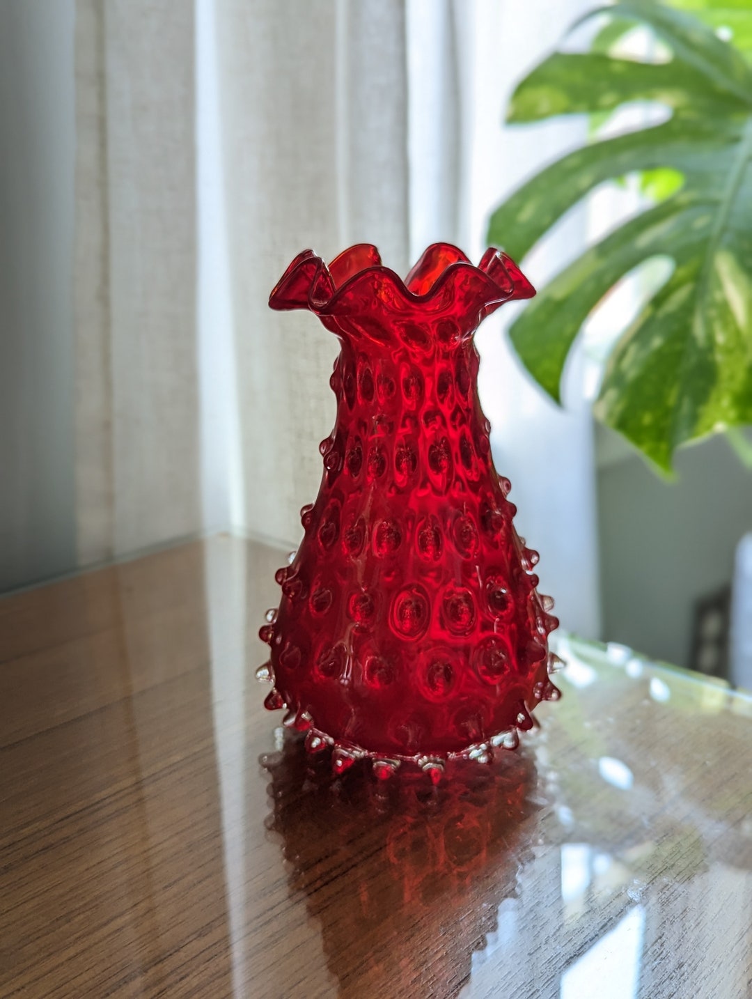 Spiky Hobnail Vase Ruby Red Glass Ruffle Vintage Handmade Mid - Etsy