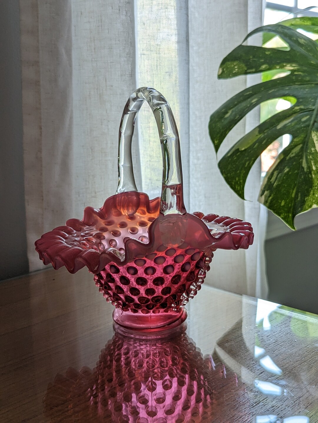 Fenton Cranberry Opalescent Glass Hobnail Ruffle Basket Bowl - Etsy