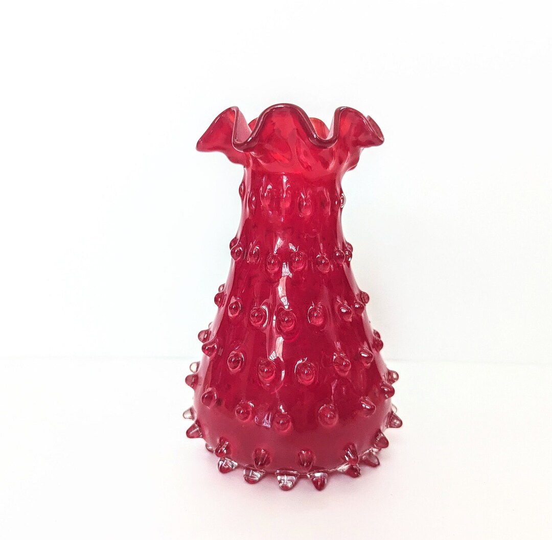 Spiky Hobnail Vase Ruby Red Glass Ruffle Vintage Handmade Mid Century ...