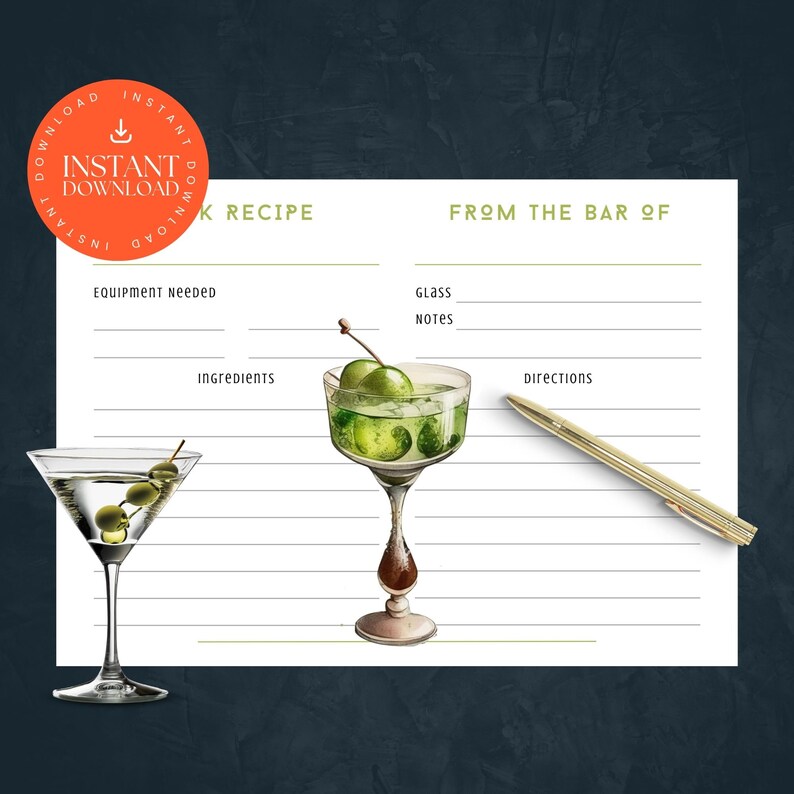 Cocktail Recipe Cards INSTANT DOWNLOAD Printable Cocktail - Etsy