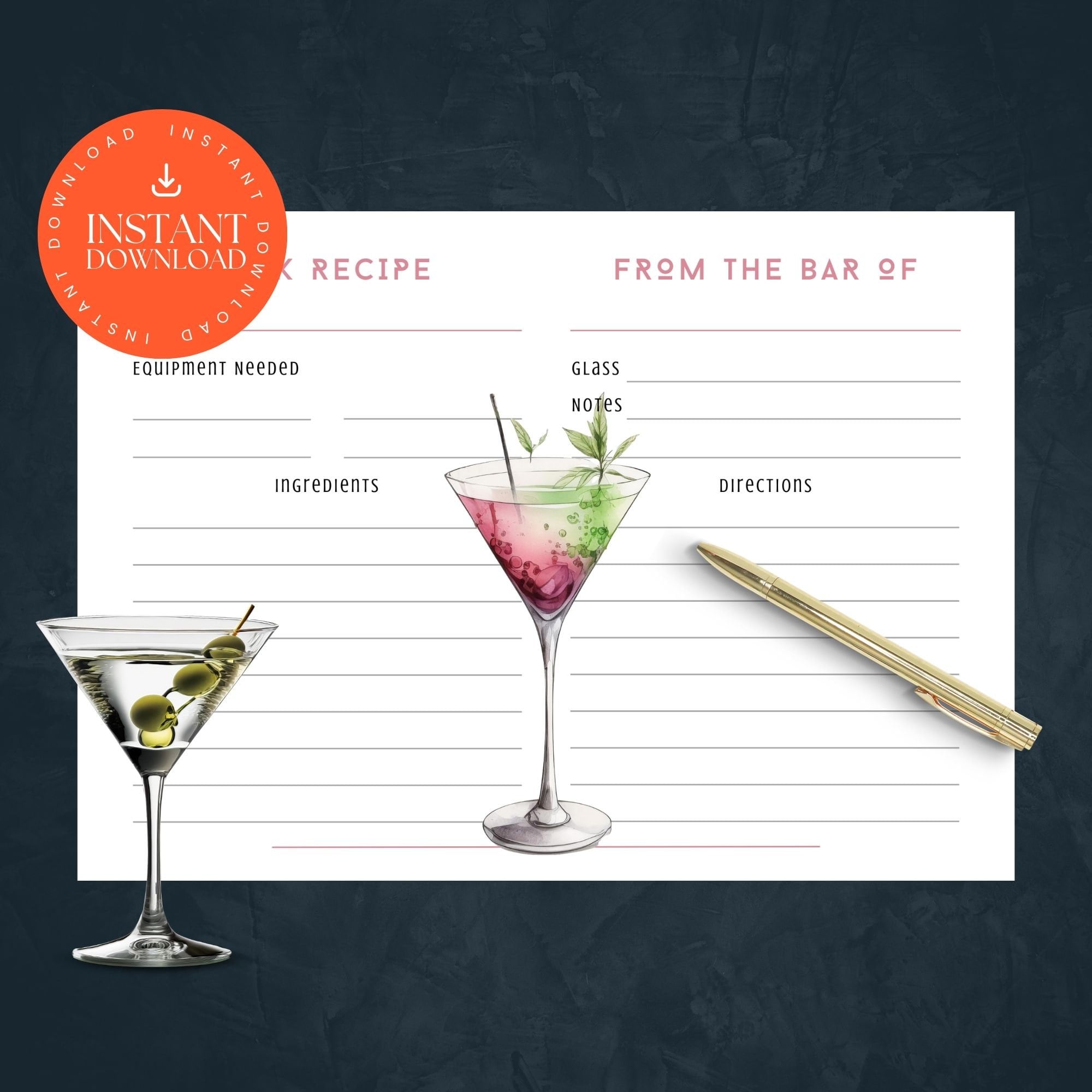 Cocktail Recipe Cards INSTANT DOWNLOAD Printable Cocktail - Etsy