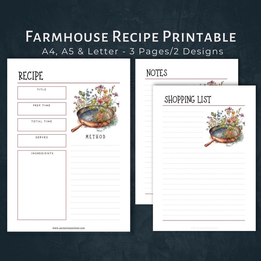 Vintage Farmhouse Printable Recipe Page, INSTANT DOWNLOAD, Recipe ...