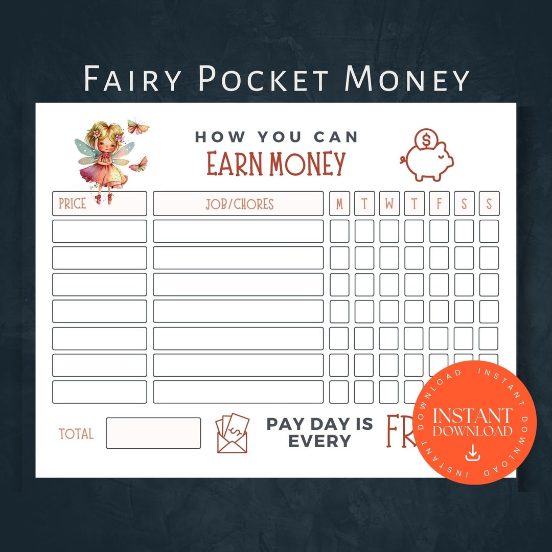 Fairy How to Earn Money Printable, INSTANT DOWNLOAD, Kids Pocket Money ...