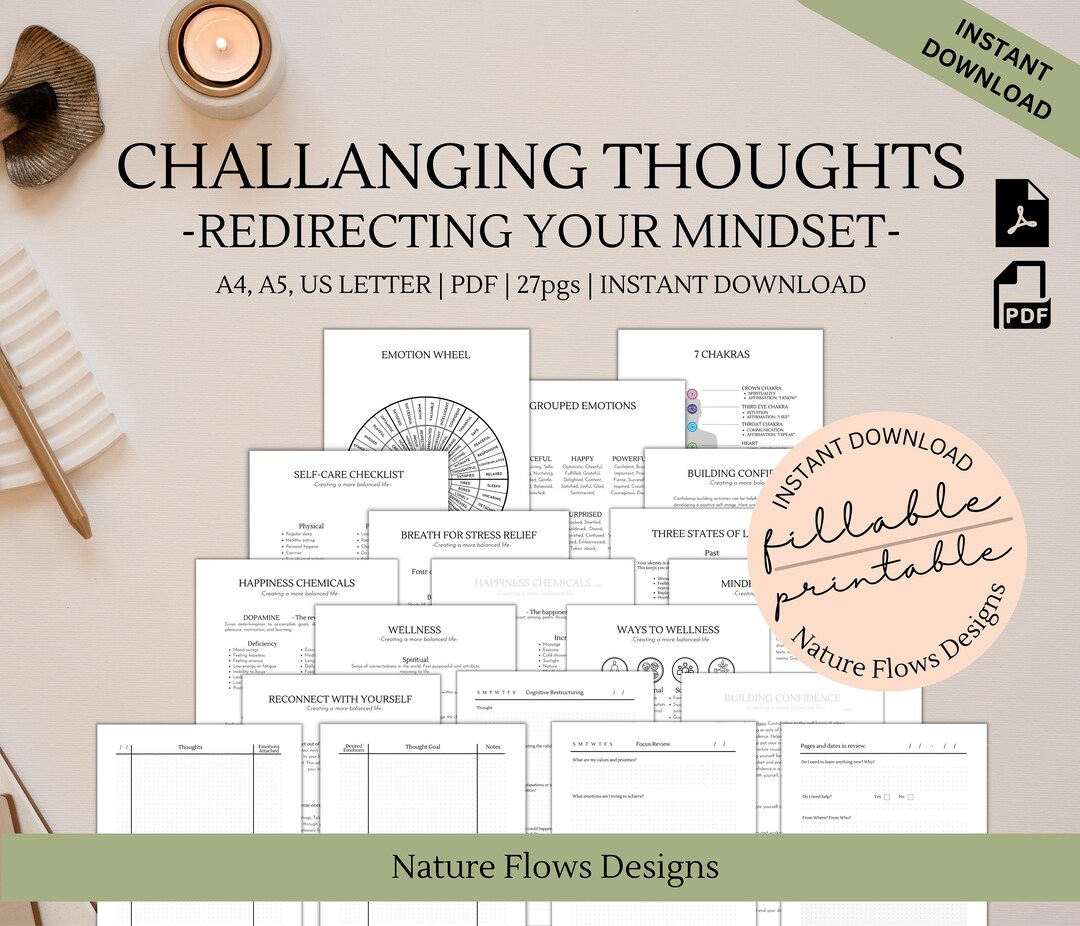 Thought Journal CBT Therapy Cognitive Restructuring Mental Health ...