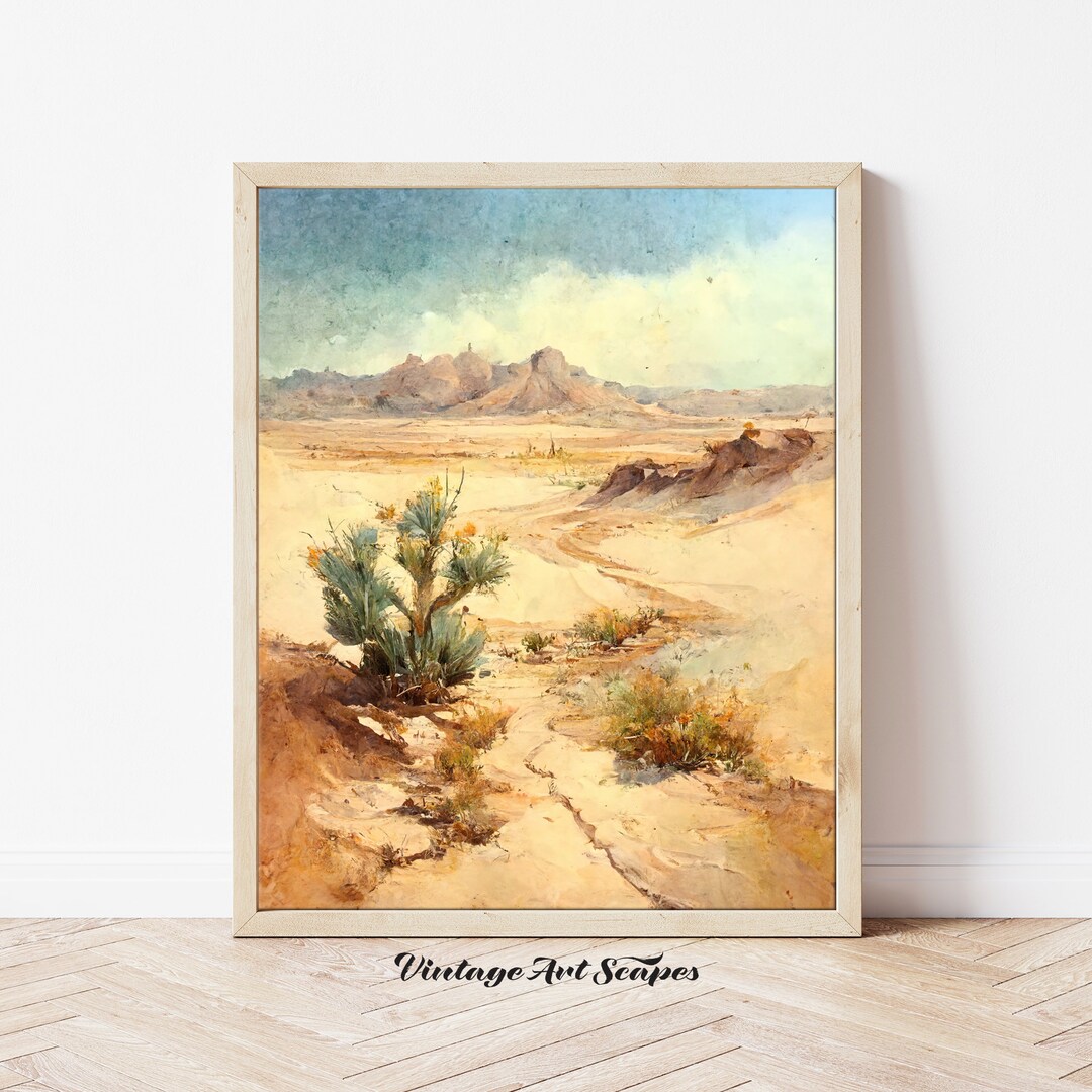 Vintage Painting of Desert Path With Mountains & Cactus | Printable ...