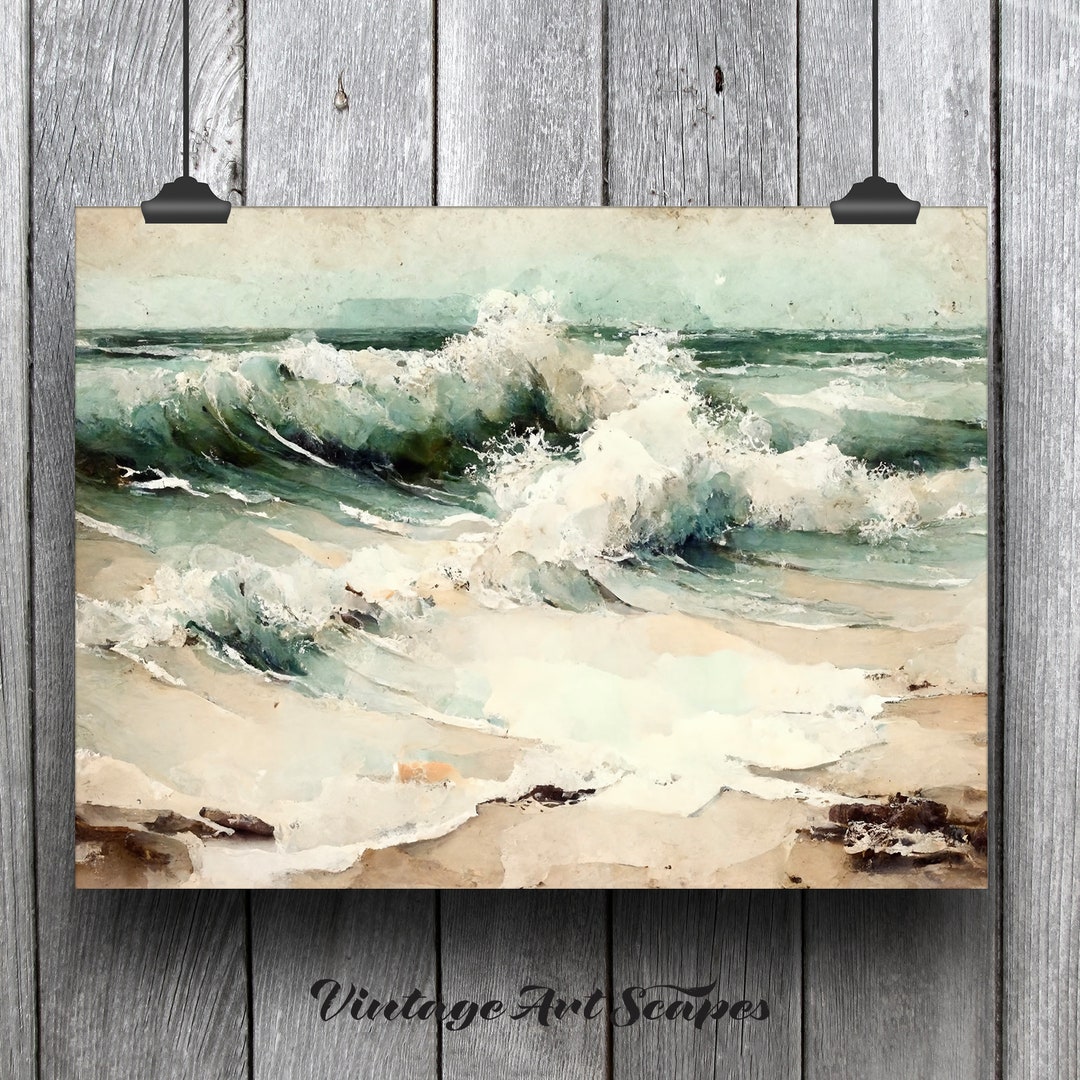Vintage Ocean Painting of Beach With Waves and Golden Sand | Printable ...