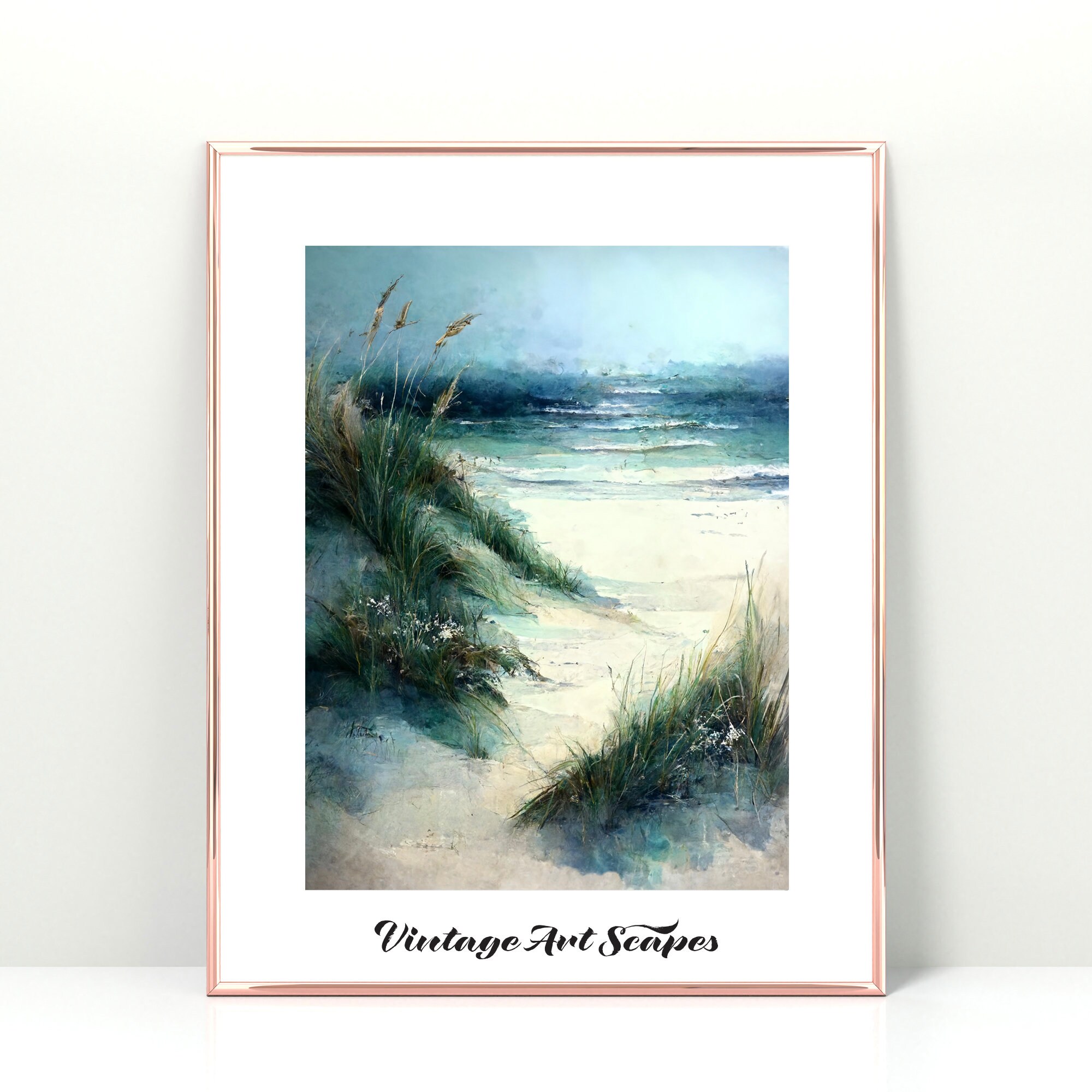 Vintage Beach Painting of Sand Dunes Grasses & Ocean | Printable ...