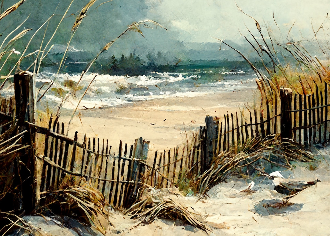 Vintage Painting of Seaside Beach, Grass & Sand Fence | Printable ...
