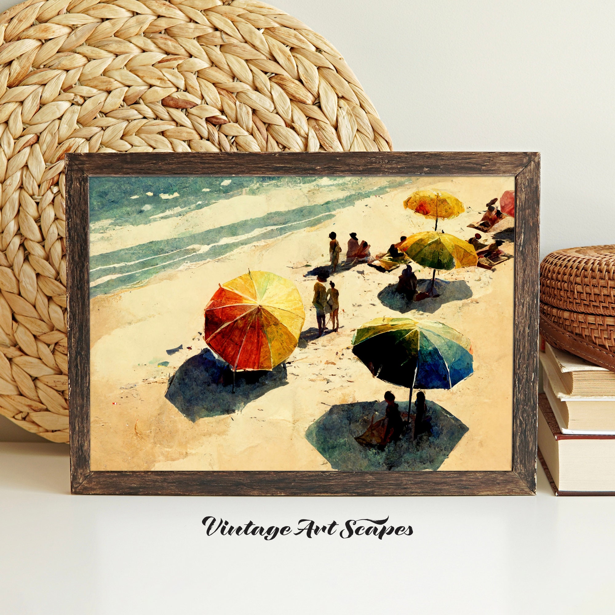 Vintage Beach Painting Retro Style With Umbrellas & People Printable ...