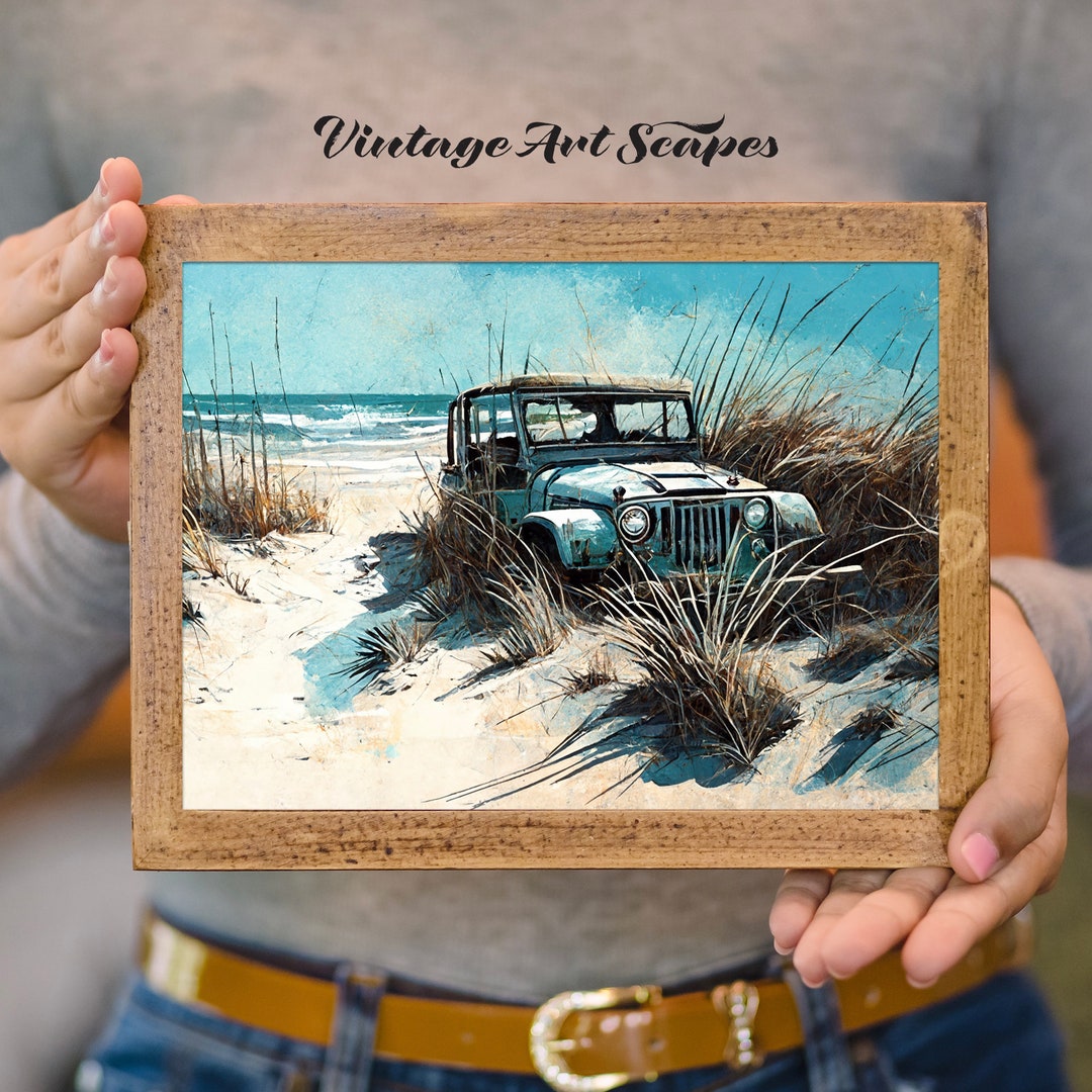Vintage Beach Painting of a Jeep in the Grass | Printable Digital ...